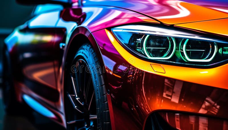 Shiny Sports Car with Modern Design, Illuminated by Bright Headlights ...