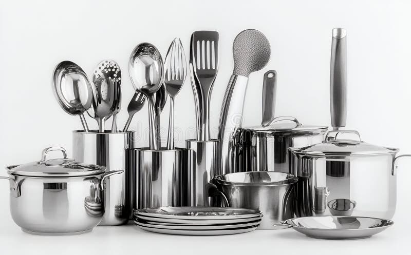 Shiny Stainless Steel Kitchen Utensils and Cookware Stock Image - Image ...