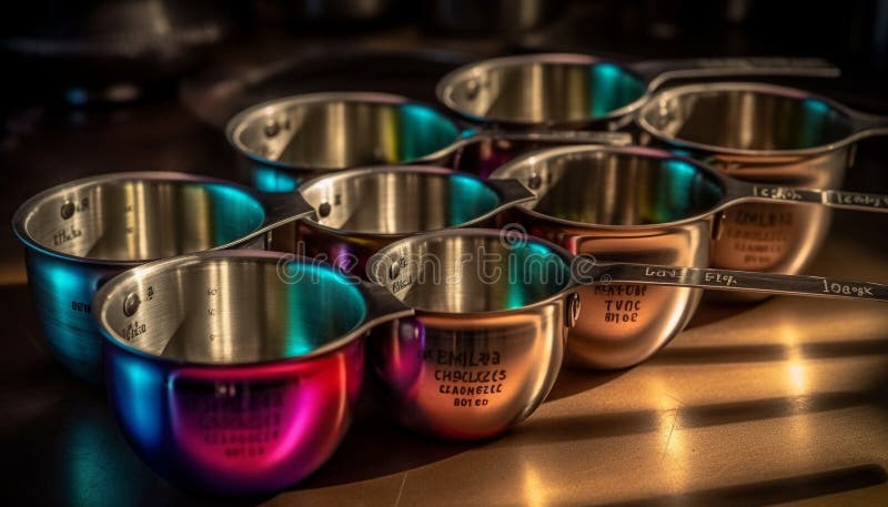 Shiny Stainless Steel Kitchen Utensils in a Row, Illuminated Brightly ...