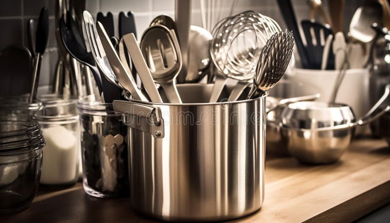 Shiny Stainless Steel Utensils Stack on Clean Kitchen Table Generated ...