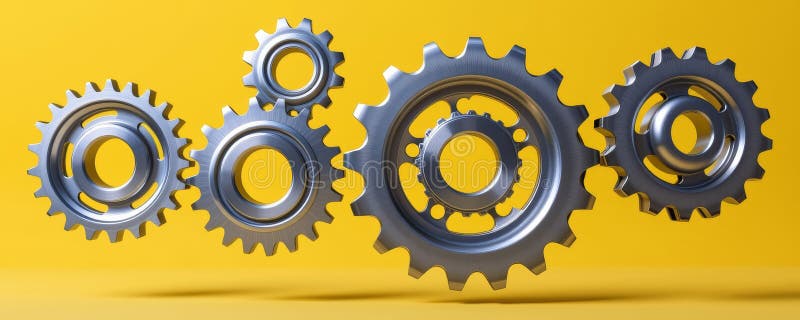 Shiny Steel Cogs Levitating in Front of Bright Yellow Background ...