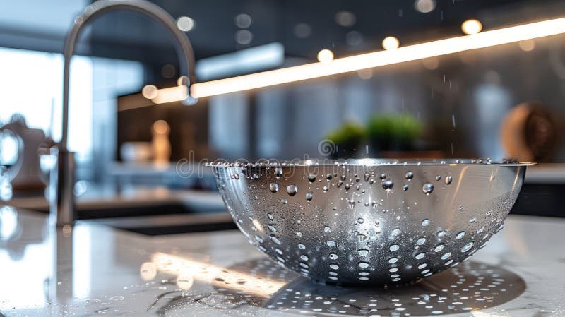 Shiny Strainer with Water Droplets on Modern Kitchen Countertop. Stock ...