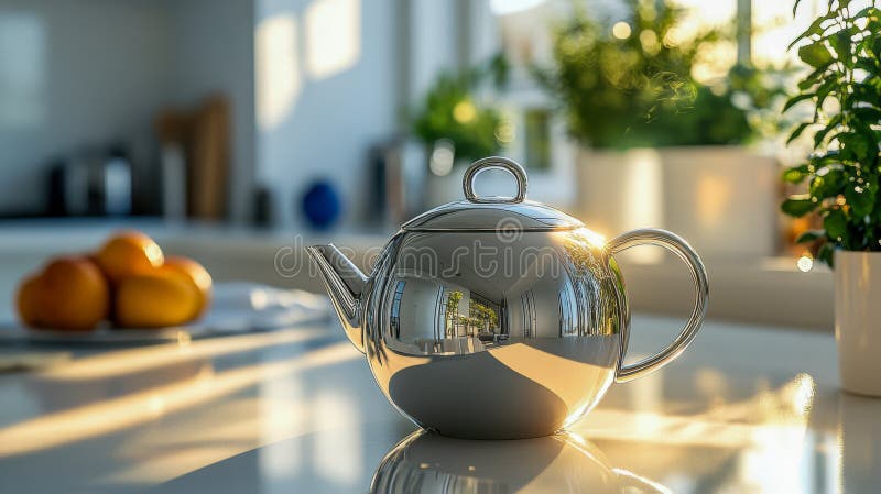 Shiny Teapot on Kitchen Countertop with Fruit Basket and Indoor Plants ...