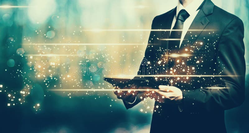 Shiny Technology Screen with Man Holding a Tablet Stock Image - Image ...