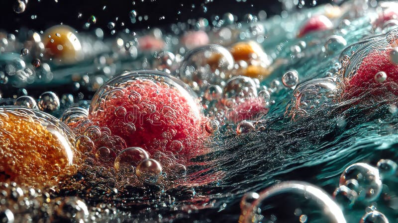 Shiny Translucent Bubble on Blue Surface Filled with Small Sparkling ...