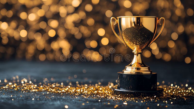 Shiny Trophy on Black Surface with Golden Glitter Background ...