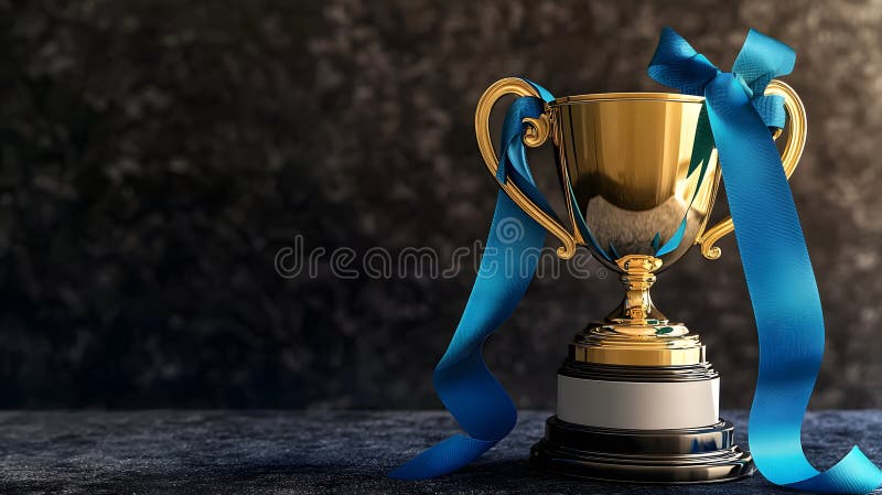 Shiny Trophy with Blue Ribbon on Dark Background Stock Photo - Image of ...