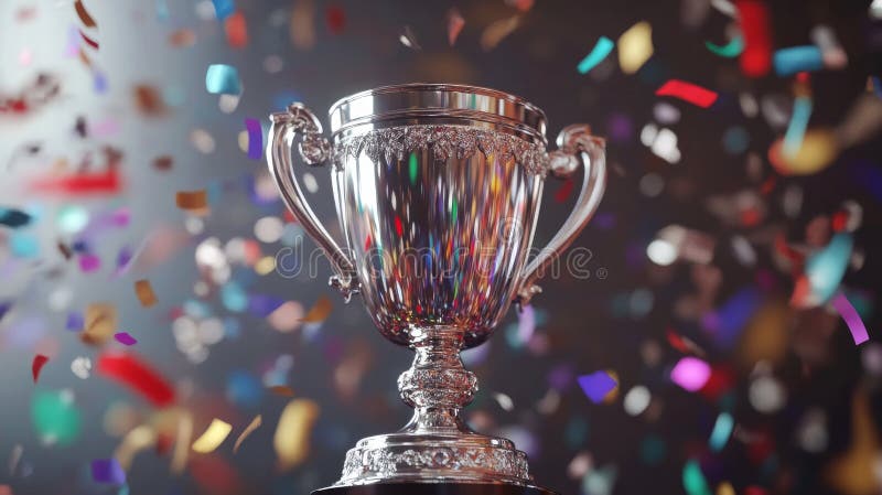 Shiny Trophy with Colorful Confetti Falling in Celebration Stock Image ...