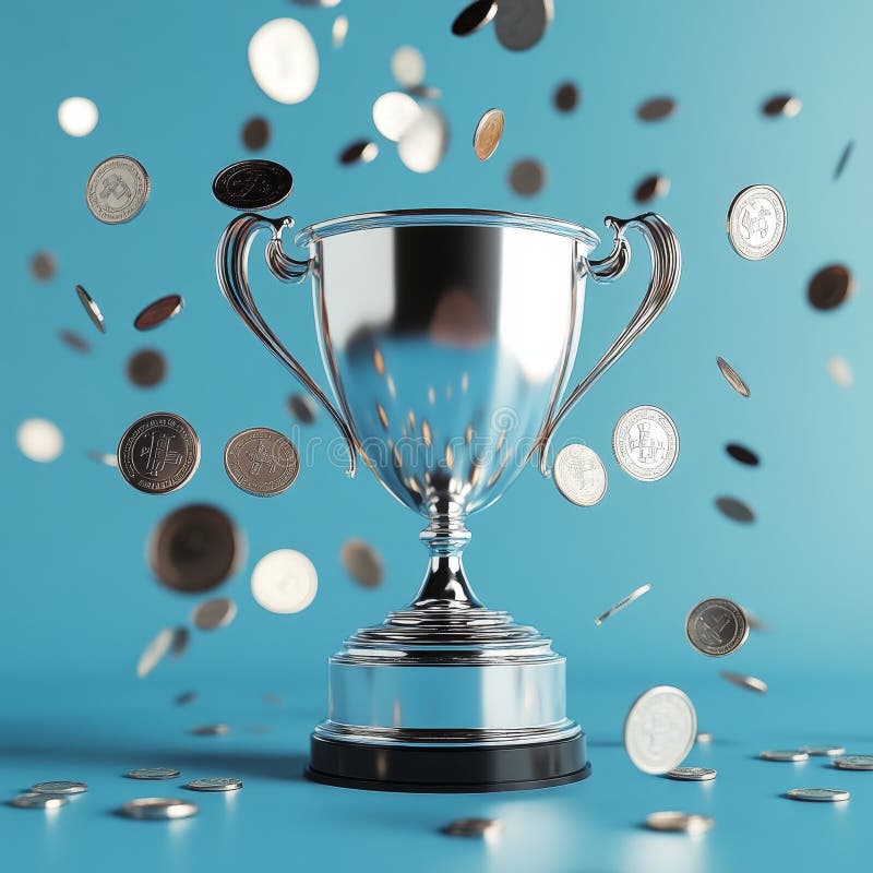 A Shiny Trophy is Elegantly Surrounded by Coins on a Blue Background ...