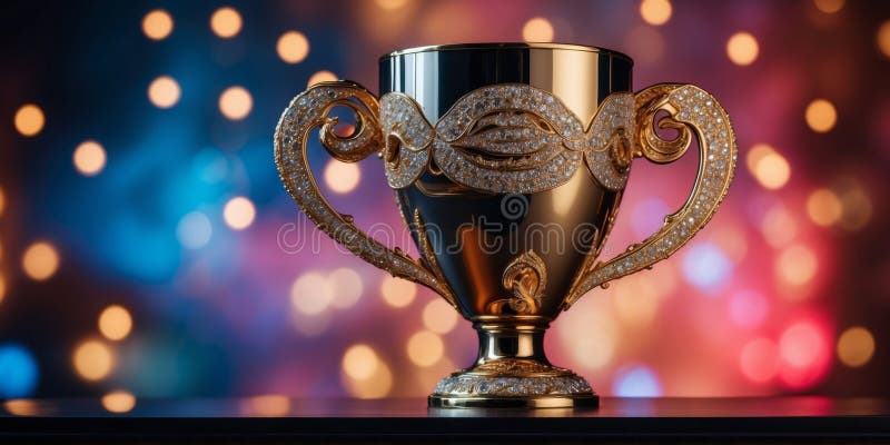 Shiny Trophy on Pedestal Under Colorful Lighting. Stock Image - Image ...