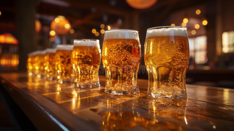 Shiny Wet Glasses Full of Beer with High Foam on a Bar Table. AI ...