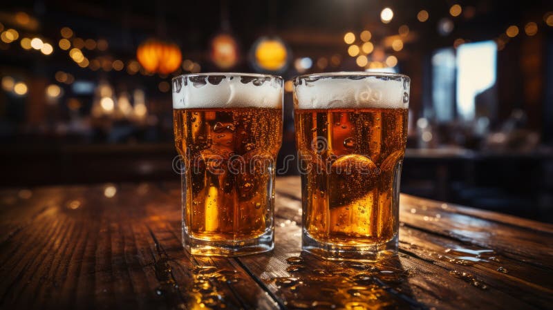Shiny Wet Glasses Full of Beer with High Foam on a Bar Table. AI ...