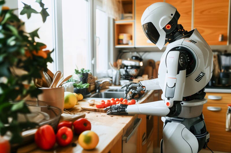 A Shiny White Humanoid Android Preparing Ingredients in a Bright ...