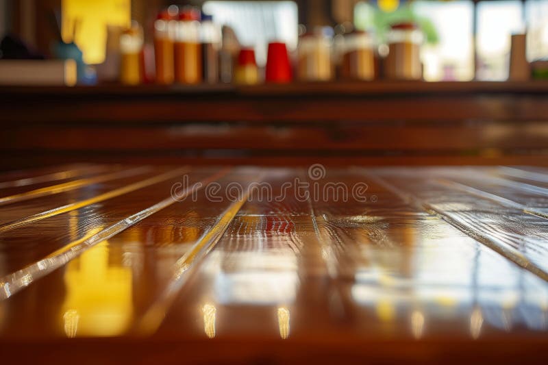Shiny Wooden Table, with Blurred Condiment Station Behind Stock Photo ...