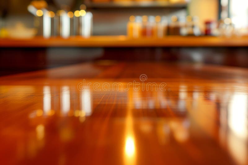 Shiny Wooden Table, with Blurred Condiment Station Behind Stock Photo ...
