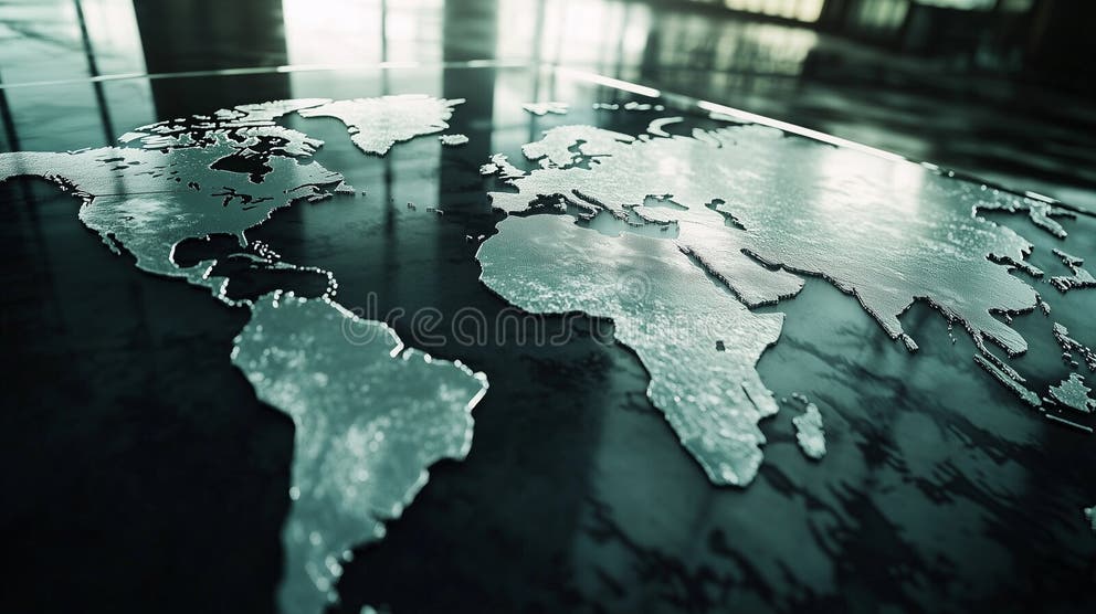 Shiny World Map Etched into a Reflective Surface Showcasing Global ...