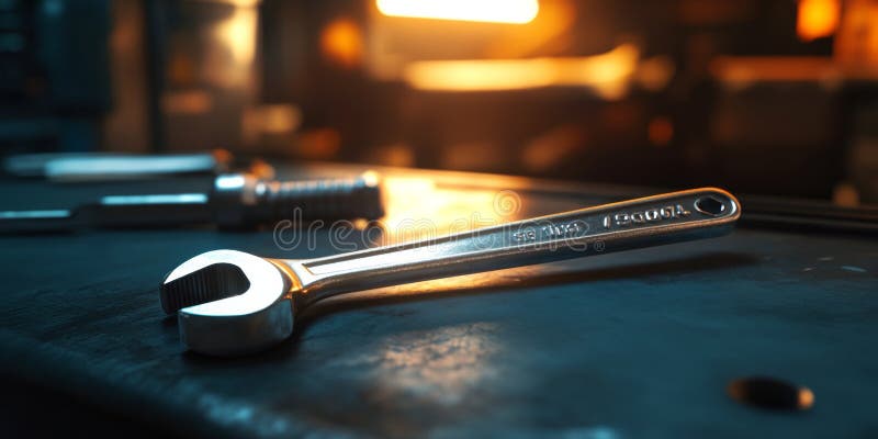 Shiny Wrench Resting on a Workbench in a Workshop Setting. the Tool ...