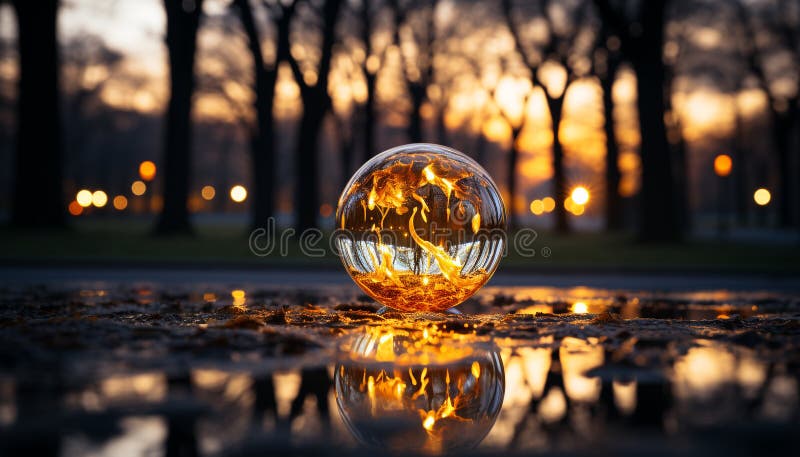 Shiny Yellow Sphere Reflects Nature Beauty in Tranquil Sunset Generated ...
