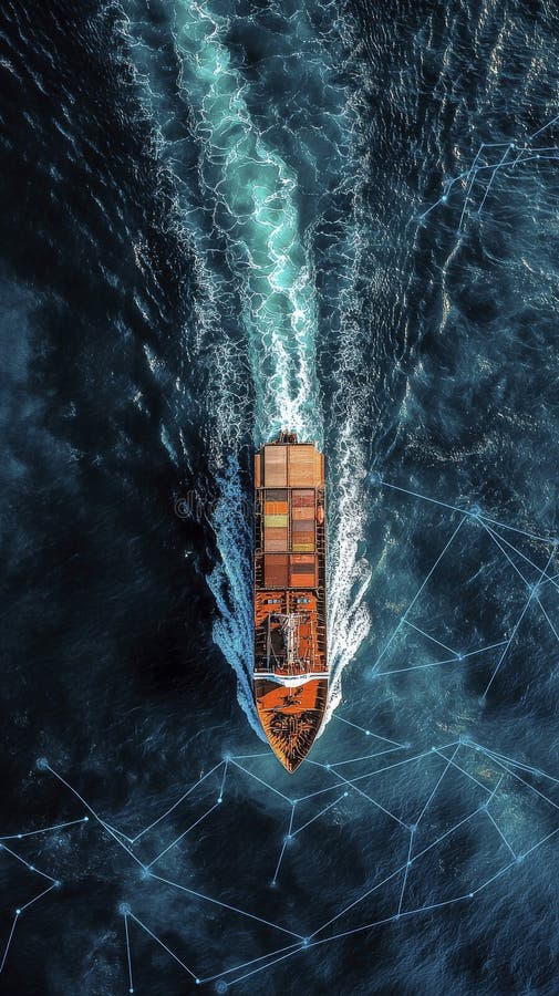 Ship Advancing Over Water with Digital Blue Designs Stock Illustration ...