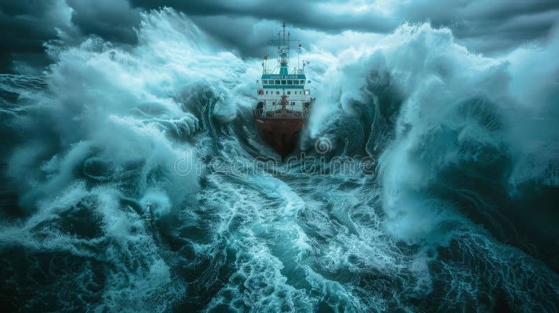 Ship Amidst Towering Waves in a Turbulent Ocean Scene Stock ...