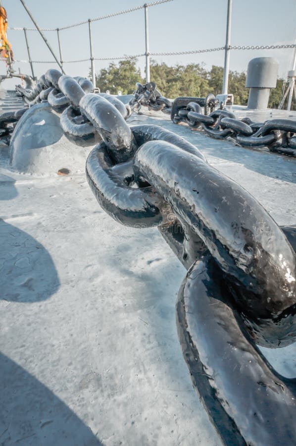 Ship anchor chain on deck stock photo. Image of chain - 52143318