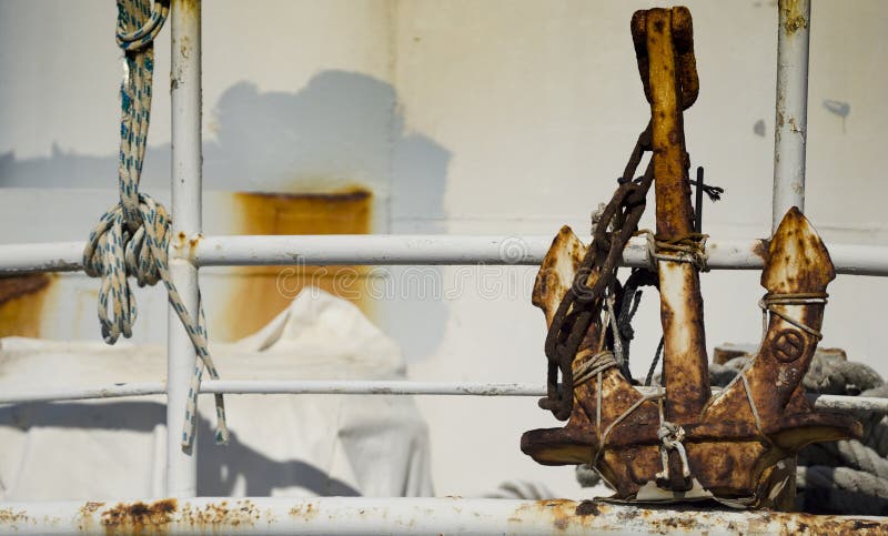Ship Anchor, with an Old Rusty Anchor Chain, on Board the Ship Stock ...