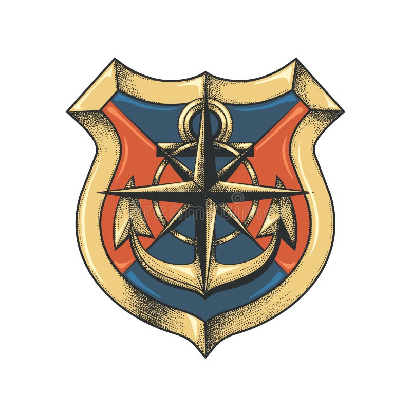 Ship Anchor and Wind Rose on a Shield Colored Tattoo Stock Illustration ...