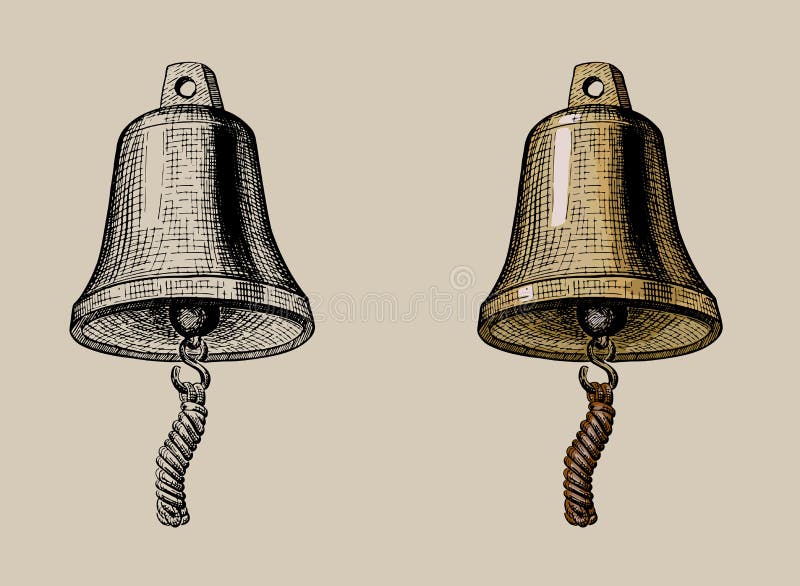 Ship Bell with Rope, Ink Hand Drawn Vintage Illustration Stock ...