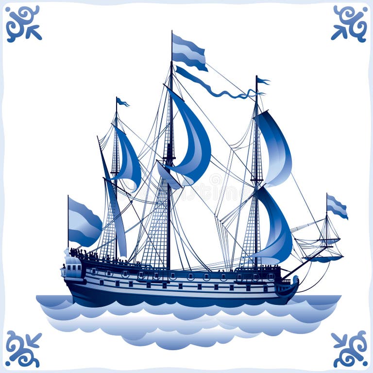 Ship on the Blue Dutch Tile 4, Battleship Stock Vector - Illustration ...
