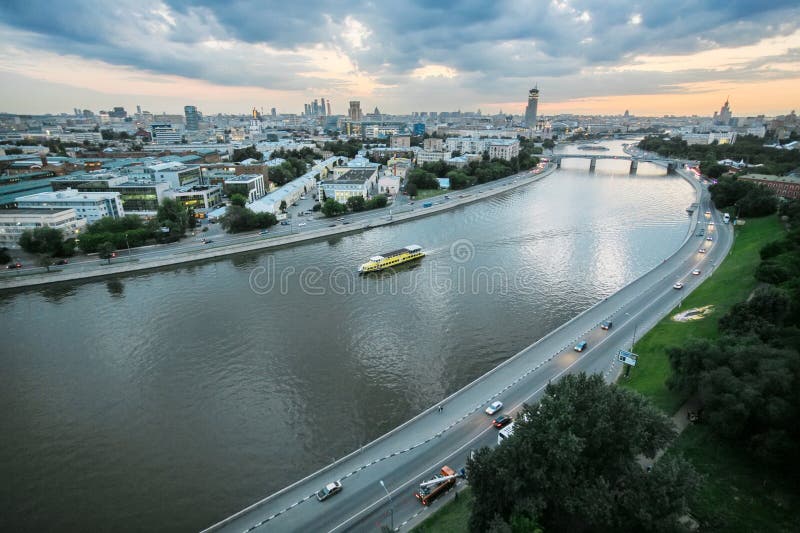Ship, Borodinsky Bridge, Moskva River in Evening Stock Image - Image of ...