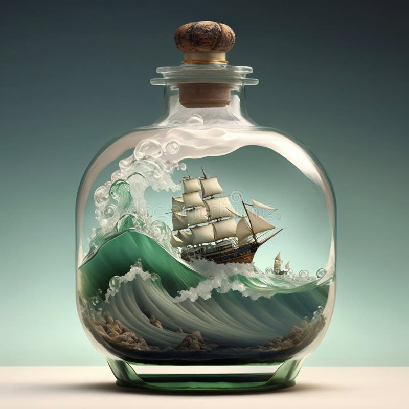 Ship in a Bottle Floating on an Enormous Wave. Generative AI Stock ...