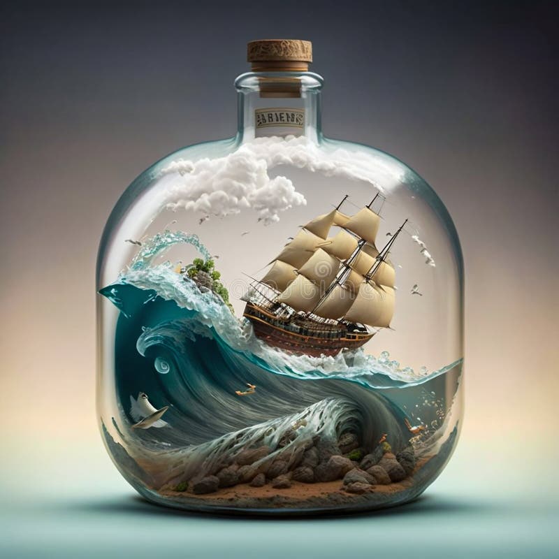 Ship in a Bottle Floating on an Enormous Wave. Generative AI Stock ...