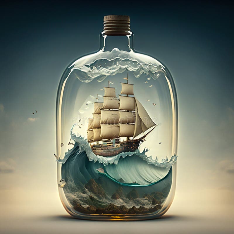 Ship in a Bottle Floating on an Enormous Wave. Generative AI Stock ...