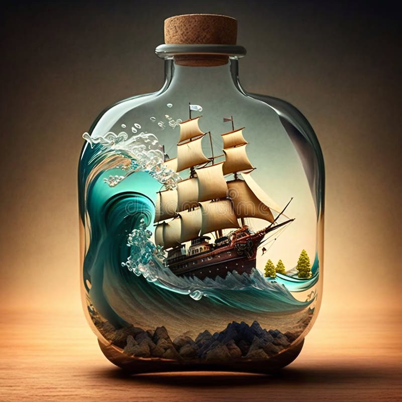 Ship in a Bottle Floating on an Enormous Wave. Generative AI Stock ...