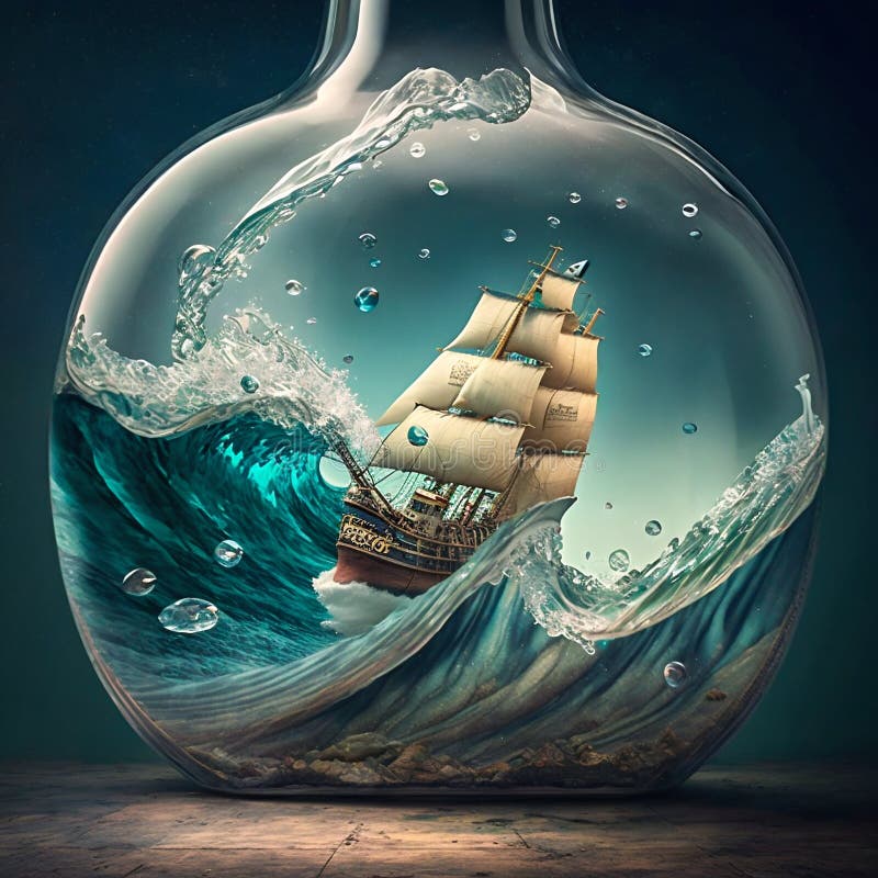 Ship in a Bottle Floating on an Enormous Wave. Generative AI Stock ...