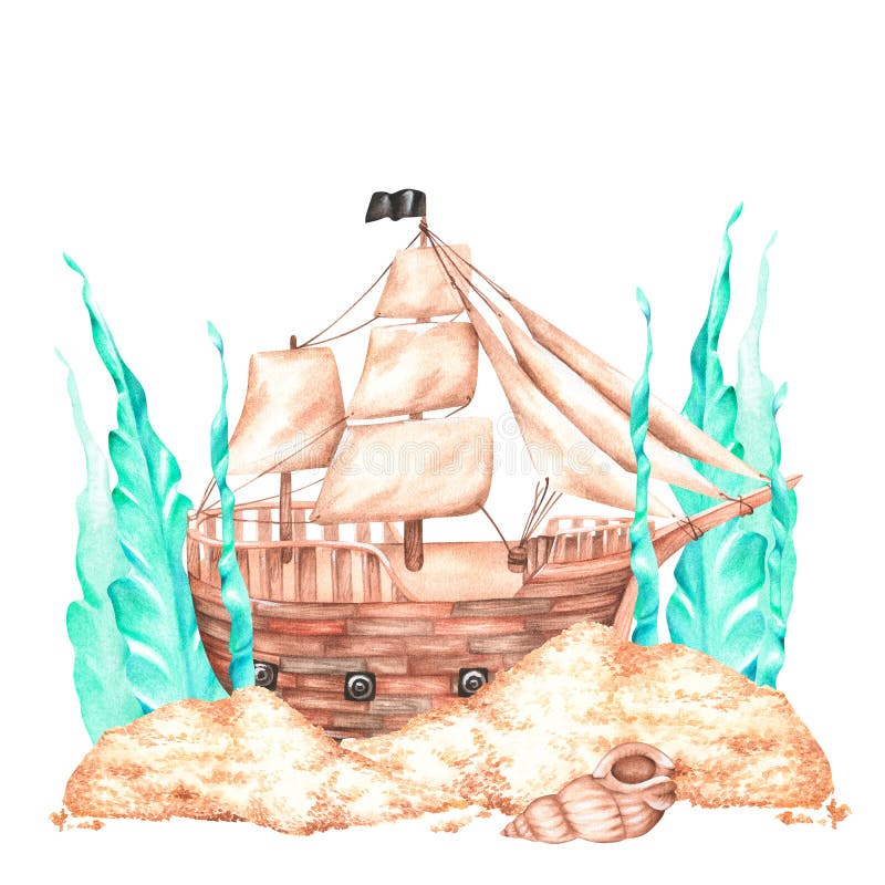 A Ship at the Bottom of the Sea, in the Sands and Algae. Watercolor ...