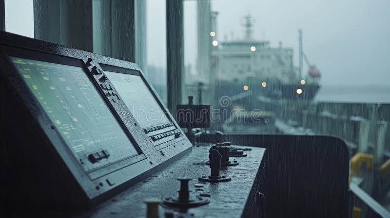 Ship Bridge Control Panel in Rainy Weather with Blurred Cargo Ship in ...