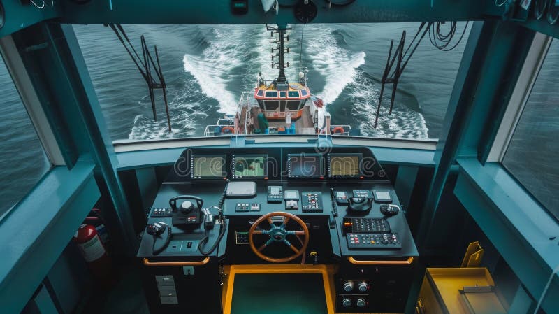 Ship Bridge View with Tugboat in Tow Stock Photo - Image of command ...