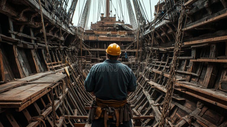 A Ship Builder Stands Inside a Wooden Ship Undergoing Construction. the ...