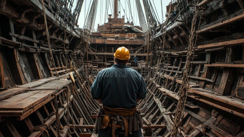 A Ship Builder Stands Inside a Wooden Ship Undergoing Construction. the ...