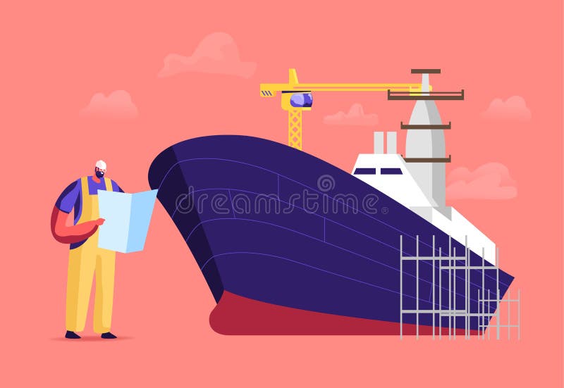 Shipbuilding Concept. Engineer Male Characters Assembling Nautical ...