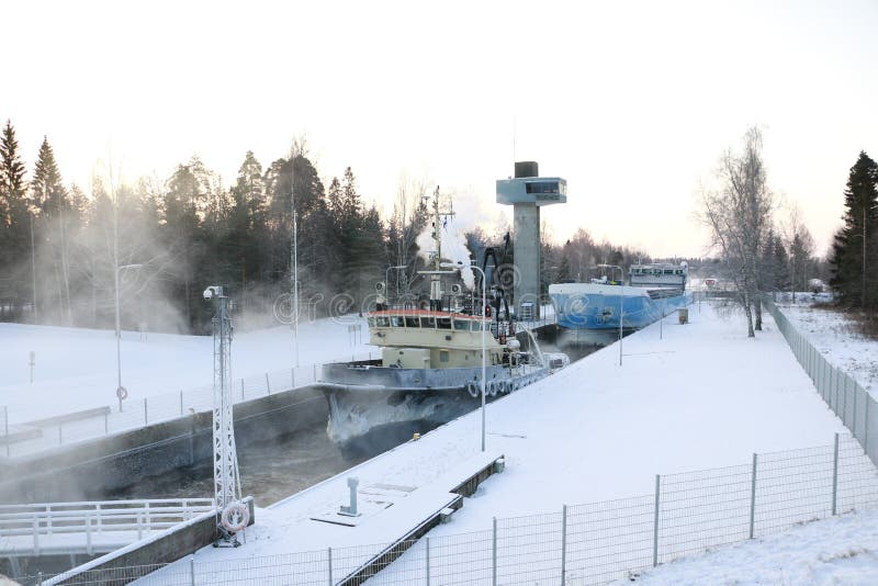 The Ship in the Canal Full of Ice Stock Image - Image of channel, ship ...