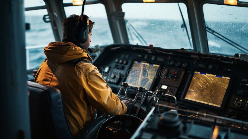 A Ship Captain Consulting a Navigation System that Utilizes Satellite ...