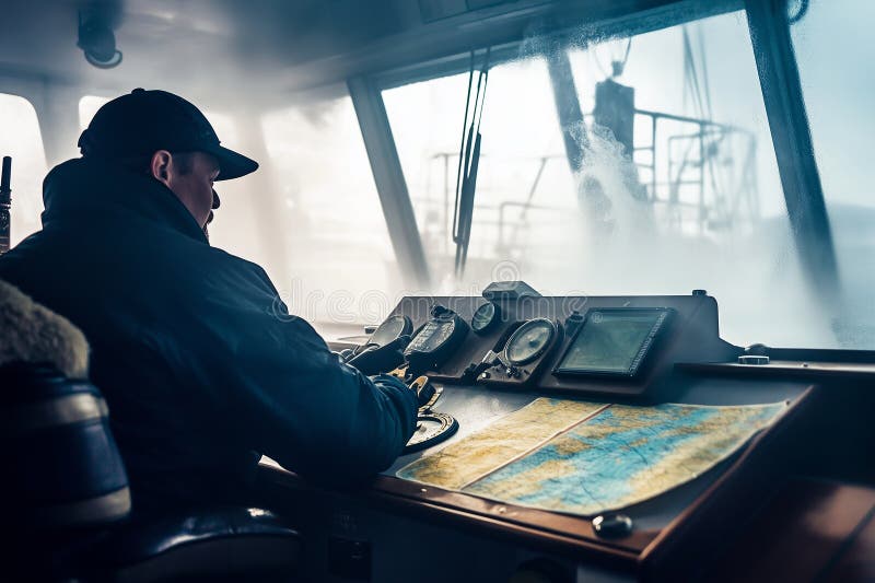 Ship Captain Navigating Large Vessel through a Foggy Harbor with ...