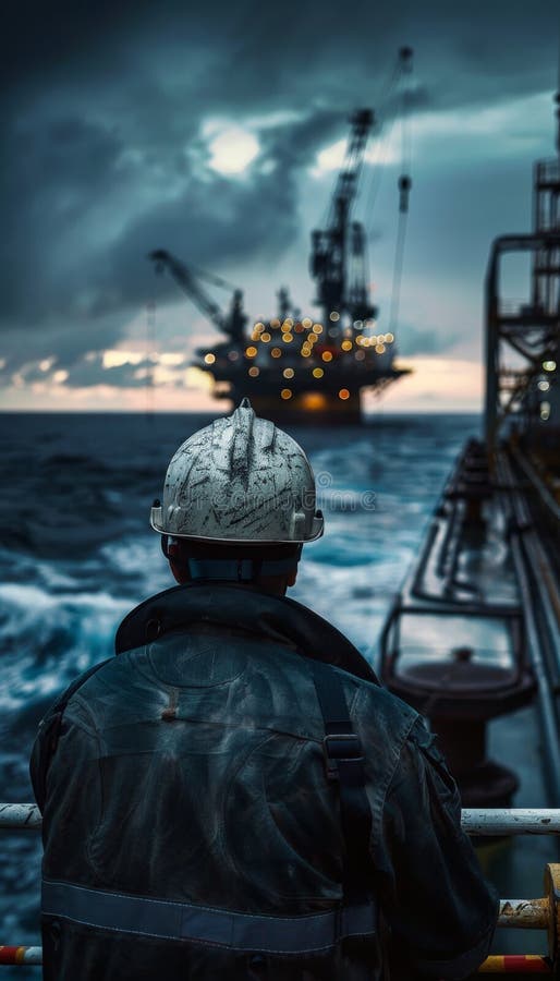 Ship Captain in Safety Helmet Sailing Towards Oil Platform Realistic ...