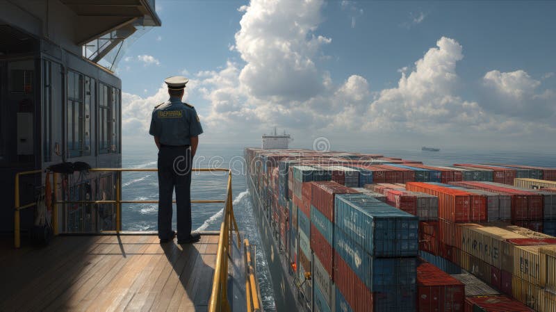 Ship Captain Stands on Deck, Overlooking Vast Container Filled Cargo ...