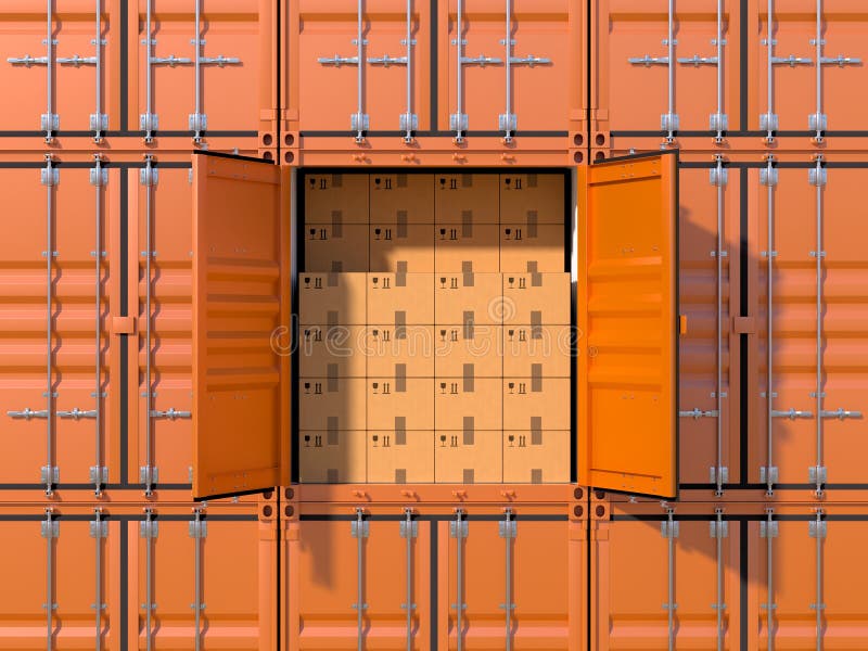 Ship Cargo Container Side View Full With Cardboard Boxes Stock ...