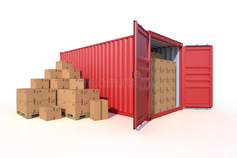 Cargo Container and Cardboard Boxes Isolated on White Background Stock ...