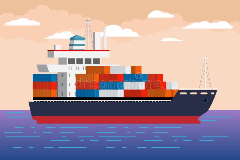 Ship with Cargo Container. Flat and Solid Color Vector Illustration ...