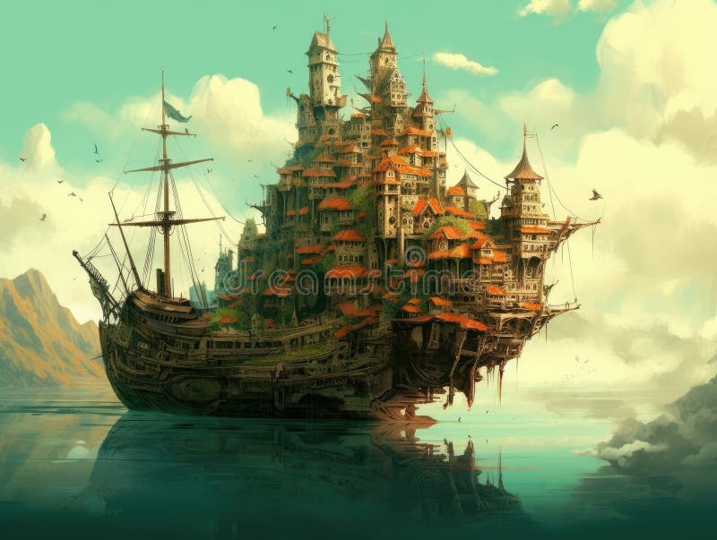 Ship with a Castle on it Floating in the Water Stock Illustration ...